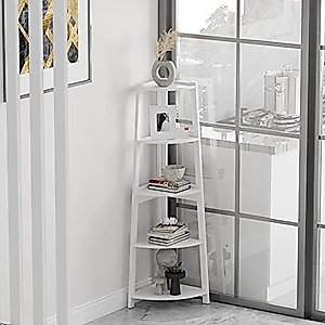 VIVIJASON 5 Tier Corner Shelf – Modern Wall Corner Storage Rack Plant Stand Small Bookshelf - Freestanding Ladder Shelf Display Organizer for Living Room, Kitchen, Home Office, Small Space (White)
