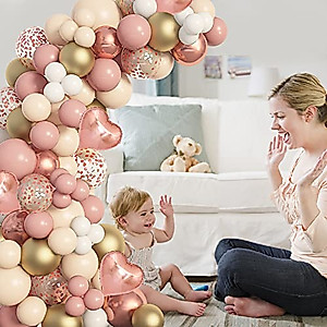 Amandir 153Pcs Boho Blush Balloon Garland Arch Kit, Double-Stuffed Nude Cream Peach Dusty Rose Pink Gold Confetti Metallic Balloons for Bridal Baby Shower Birthday Party Wedding Decorations Supplies