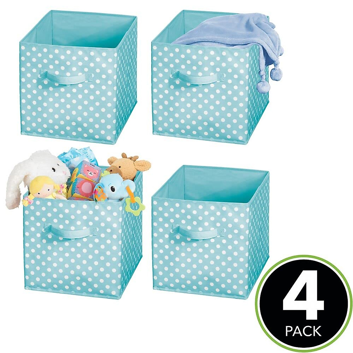 mDesign Soft Fabric Closet Storage Organizer Cube Bin Box, Handle - Storage for Baby Child/Kids Room, Nursery, Toy Room, Furniture Units, Shelf, 4 Pack - Turquoise/White Polka Dots