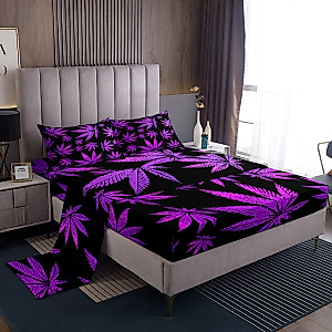 Feelyou Marijuana Leaf Bed Sheets Weed Leaf Botanical Sheet Set for Kids Men Women Adults Cannabis Leaves Bed Set Luxury Puple Hemp Sheets Room Decor 4Pcs Queen Size
