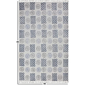 Casavani Hand Block Printed Rug Abstract Blue & Beige Tassel Rug Easy Care Washable Rugs for Doormat Entryway Living Room Bedroom Hallway Balcony 2.6x8 Feet Runner
