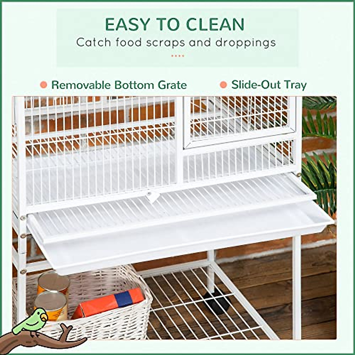 PawHut 55" Large Parrot Cage with Toy Hooks Above Top Bird Perch, Tray, Food Cups, Rolling Stand, Bird Cage for Cockatiels, Parakeets, Lovebirds
