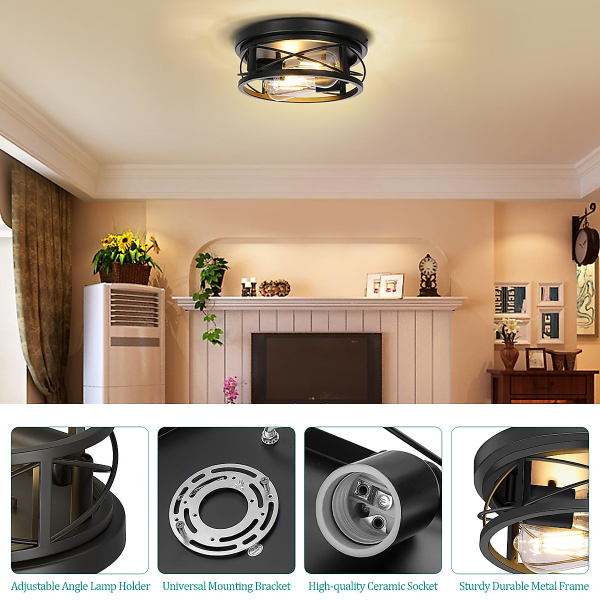 Baocuz 2-Light Flush Mount Ceiling Light Fixture, Farmhouse Light Fixtures Ceiling Mount for Hallway, Metal Cage Black Ceiling Lighting Lamp for Kitchen, Living Room, Entryway (2 Pack)