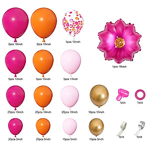 Ouddy Life 175Pcs Hot Pink and Orange Balloons Arch Garland Kit, Pink and Orange Party Decorations with Gold Balloons Foil Flowers for Women Wedding Bridal Tropical Bachelorette Birthday Decor