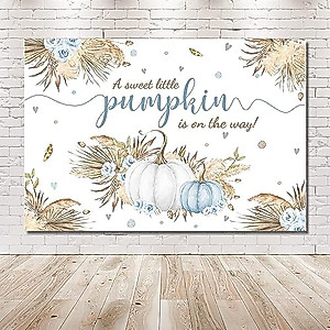 MEHOFOND 8x6ft Autumn Boho Little Pumpkin Backdrop for Boy Baby Shower Fall Leaves Pampas Grass Thanksgiving Blue White Floral Background for Photography Party Decorations Banner Photo Booth Props