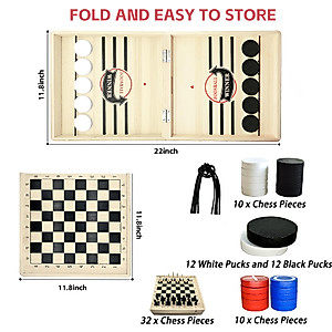 4 in 1 Board Game, Include Fast Hockey Table Game, Tic Tac Toe, Checkers Game,Slingshot Chess,Set for All Age