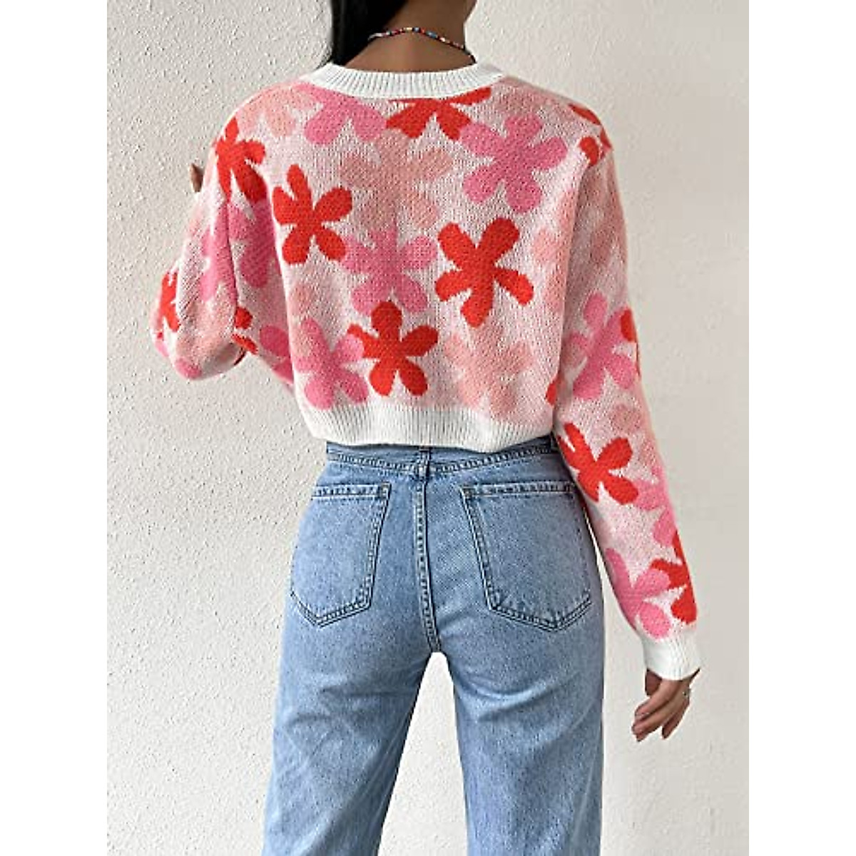 Floerns Women's Casual Rib Knit Long Sleeve V Neck Floral Pattern Drop Shoulder Crop Sweater Top Pink S