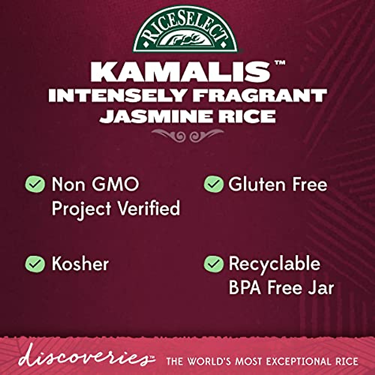RiceSelect Discoveries Kamalis Intensely Fragrant Jasmine Rice, Gluten-Free, Non-GMO, Vegan, 14.5 Ounce Jar