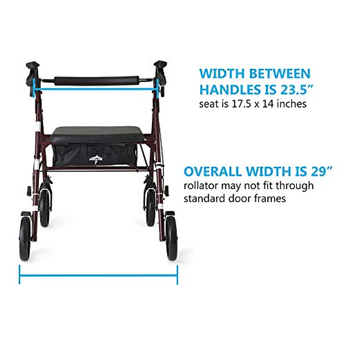 Medline Heavy Duty Rollator Walker with Seat, Bariatric Rolling Walker Supports up to 500 lbs, Large 8-inch Wheels, Burgundy