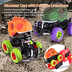 FiGoal 2 Pack Dinosaur Cars with Toy Gun Ejecting Friction Powered Dino Car Transforming Dinosaur Toys Car Gifts for Boys Girls Toddlers Classroom Prize Gifts