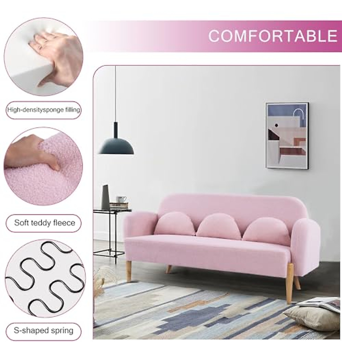 PIETFIU (New) 59" Teddy Velvet Loveseat Sofa,Modern Small Sofa Couch with Arms,Mini Love Seat Recliner with 3 Pillows for Bedroom Living Room Small Space Apartment Home Office Dorm (Pink)
