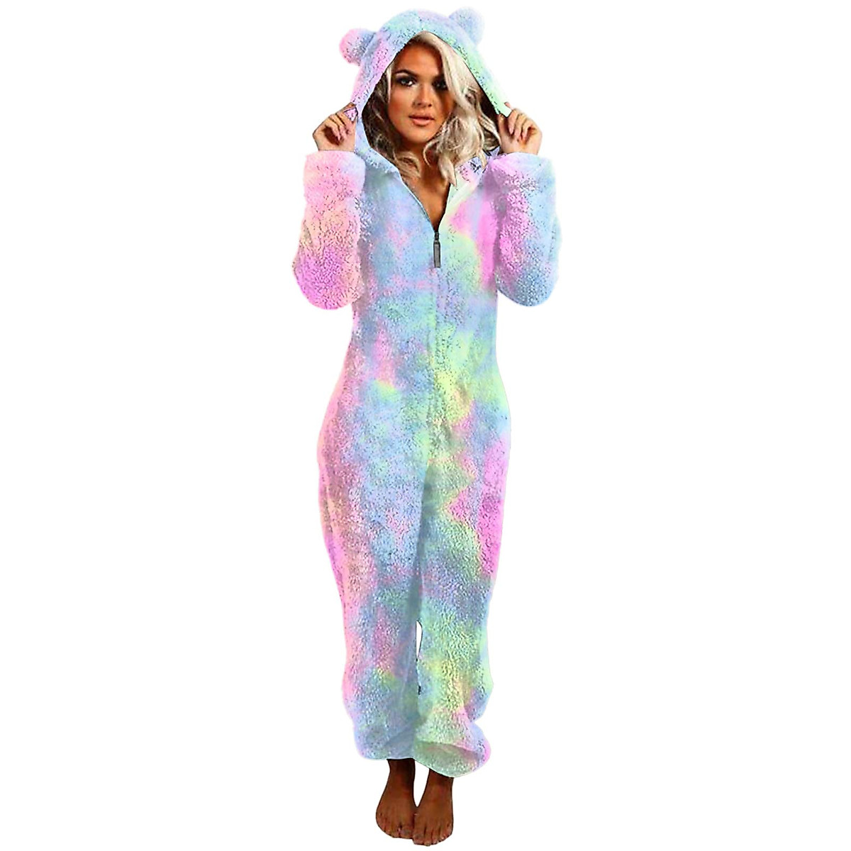 Aniywn Adult Fleece Onesie Pajamas for Women Tie Dye Print Costume Jumpsuit Romper Hoodie Jumpsuit Pajamas Homewear Pink