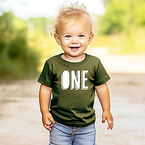 First Birthday Shirt One Outline for 1st Bday Infant Boys and Girls White on Military Green 12 Months