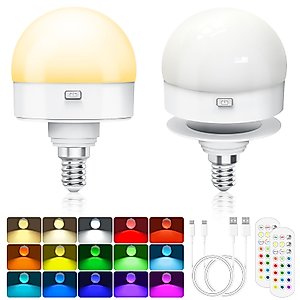 Cadrim Rechargeable Light Bulb, Battery Operated Emergency Lamp with Remote LED Bulbs Detachable Charging Wall Sconce 3 Color, RGB, E12, Timer, Dimmer, for Non-Hardwired, Power Outage, 2 Pack