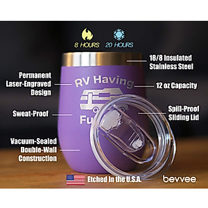 Bevvee RV Having Fun Yet Wine Tumbler with Sliding Lid - Stemless Stainless Steel Insulated Cup - Cute Outdoor Camping Mug - Purple