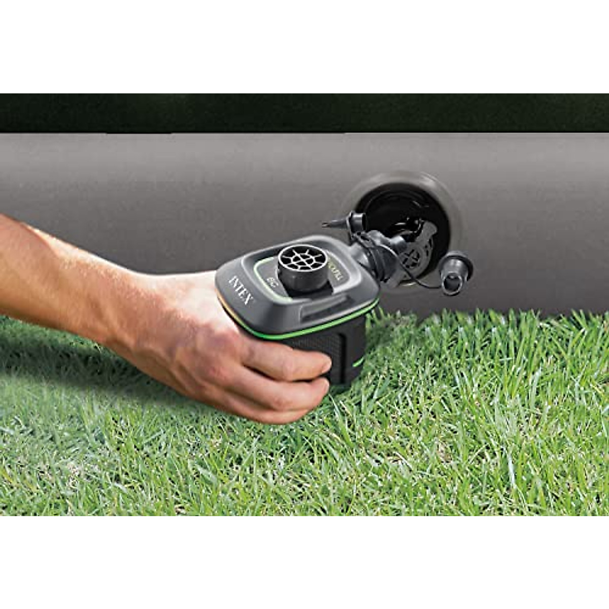 INTEX 64778E Dura-Beam Standard Prestige Air Mattress: Fiber-Tech – Full Size – Hand-Held Battery Pump – 10in Bed Height – 600lb Weight Capacity