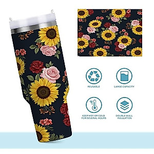 Jihqo Dark Sunflowers and Roses 40 oz Stainless Steel Vacuum Insulated Tumbler with Handle and Straw Lid, Leakproof Water Bottle Double Wall Travel Mug Coffee Cup, Cupholder Friendly