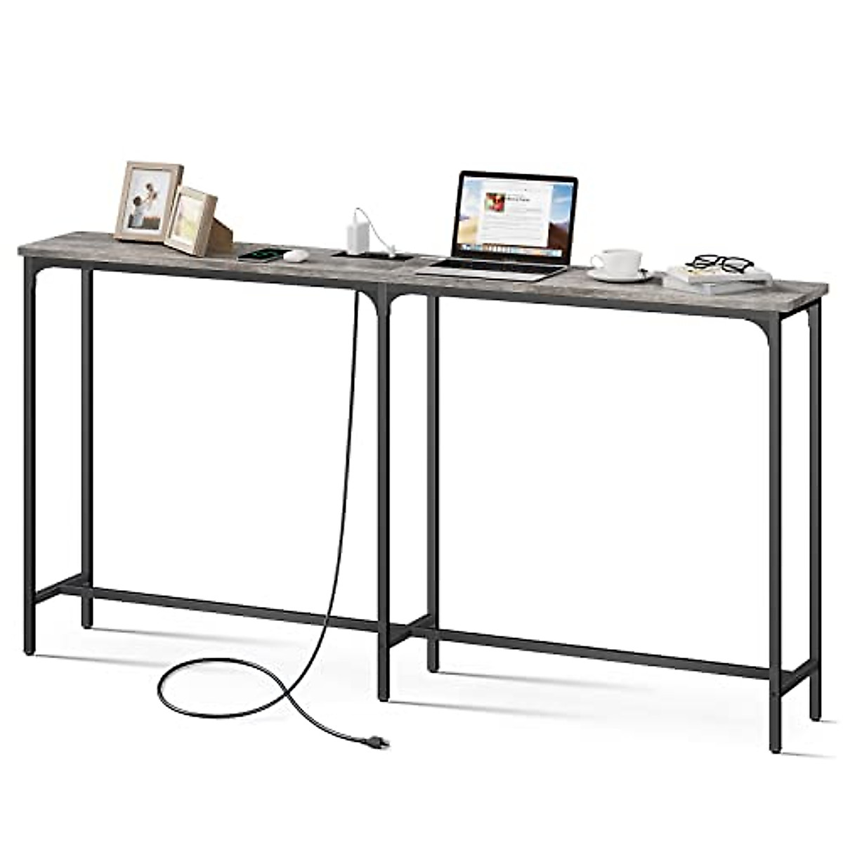 DEPAD 70 Inch Extra-Long Console Table with 2 Power Outlets and 1 Type C Port and 1 USB Port, 10.6” D x 70.9” L x 35.4” H Sofa Table, Grey Behind Couch Table, Narrow Long Entryway Table