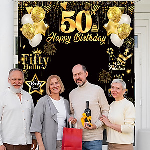 50th Birthday Decorations Banner, Large 50th Birthday Backdrop for Photo Booth Props, Black and Gold Fifty Birthday Decorations 50th Birthday Photo Backdrop for Men Women Outdoor Indoor