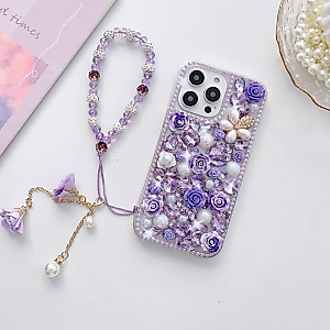 Changjia for iPhone 14 Pro Max Glitter Bling Case, Girly Cute Luxury 3D Crystal Rhinestone Flowers Diamond Pearl with Lanyard Wrist Strap Women Girls Case Cover for iPhone 14 Pro Max 6.7 inch (Purple)