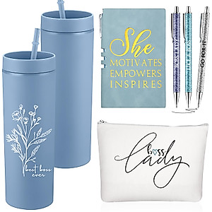 Funnymoom 6 Pcs Boss Appreciation Gift Set for Lady Women Best Boss Ever Gift 16 oz Plastic Tumbler Makeup Bag A6 Notepad and Pens Set for Female Boss Birthday Gifts Xmas Office Present