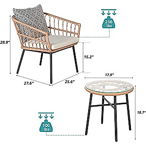 Fangflower Weather Patio Bistro Set, Outdoor Furniture Tempered Coffee Table, and Wicker Chairs for Garden, Balcony, Yard Poolside, White