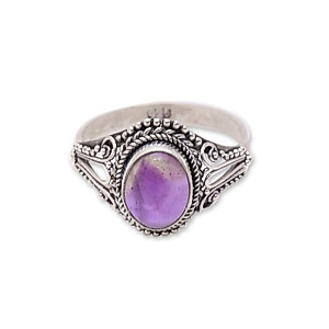NOVICA Artisan Handmade Amethyst Singlestone Ring from Bali Sterling Silver Indonesia Birthstone Gemstone [ring Front 0.6 in H x 0.4 in W x 0.3 in D Band Width 3 mm W] ' Princess Gem'