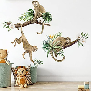 Mfault Monkey Climbing Tree Wall Decals Stickers, Jungle Animals Nursery Decorations Baby Boys Girls Bedroom Art, Kids Toddlers Room Playroom Classroom Daycare Decor