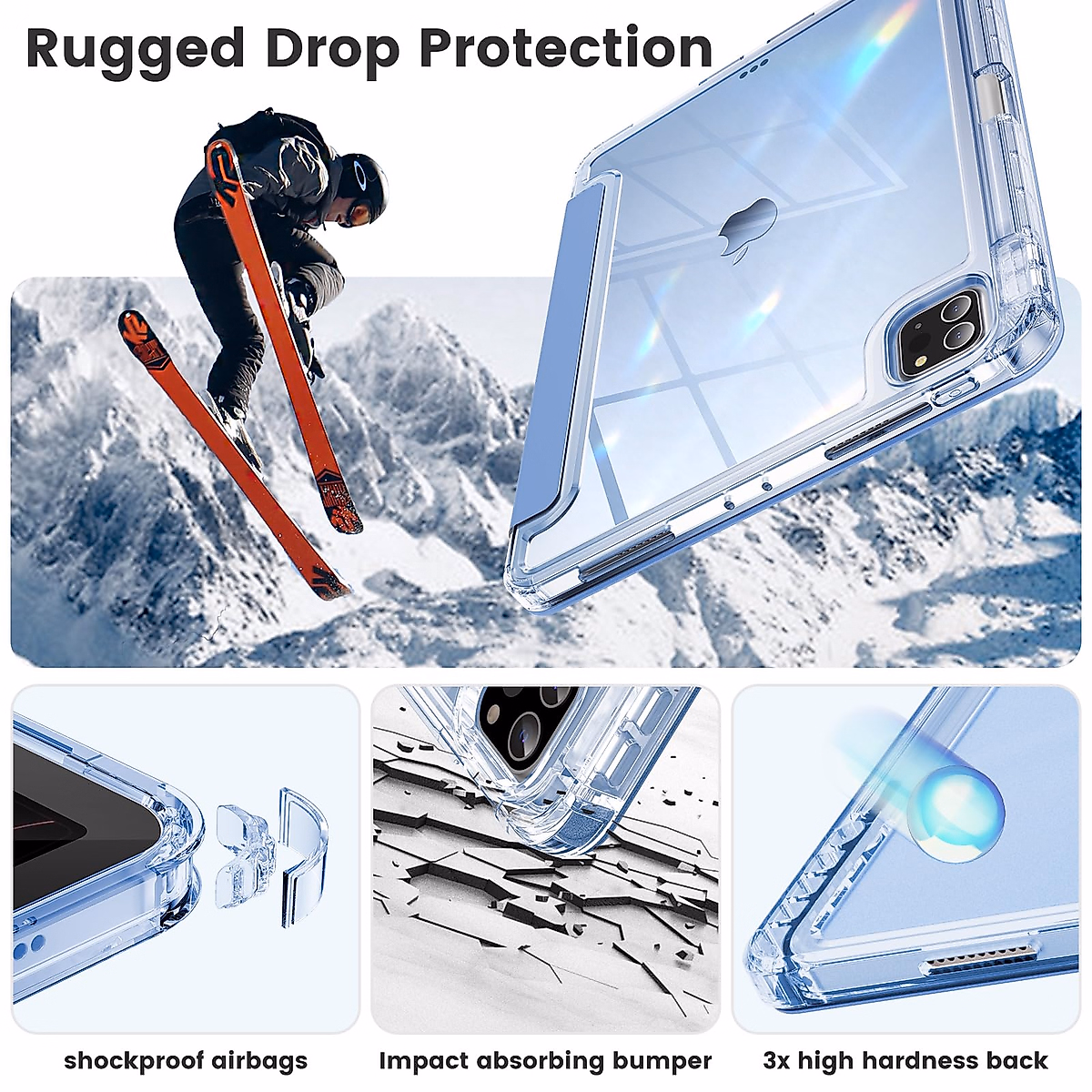 INFILAND Compatible with iPad Pro 11 inch Case (4th,3rd,2nd &1st Gen) 2022/2021/2020/2018, Crystal Clear Both Back & Frame Anti-Yellowing, Pencil Holder, Blue