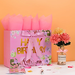13" Large Pink Gift Bags Set with Greeting Card and Tissue Papers (Roses and Gold Foil ‘Happy Birthday’) for Women's Birthday Party, Girls' or Kids' Birthday Parties, Baby Girl, Baby Shower-13”x5.2”x10.2”,1 Pcs.