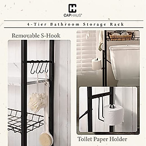 CAPHAUS Over The Toilet Storage, 4-Tier Bathroom Organizer, Freestanding Toilet Shelf, Multifunctional Space Saver Toilet Rack with 4 Hooks, Laundry Organizer, Plant Stand for Balcony (Marble White)