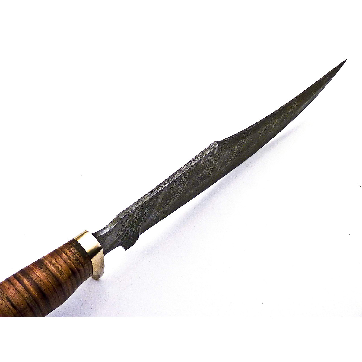 Skokie Knives Custom Hand Made Damascus Steel Hunting Knife Handle Leather Stacked with Brass Spacer (Stacked)