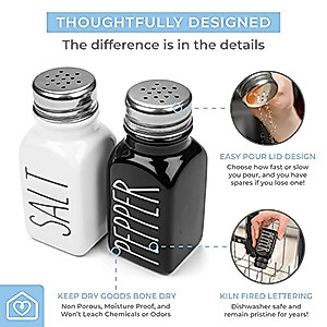 Farmhouse Ceramic Salt and Pepper Shakers Set with Extra Lids. 100% Stoneware Salt and Pepper Shaker Set. Black Pepper and White Salt Shaker with Lid x4. Kitchen Salt Pepper Shakers by Heartland Home