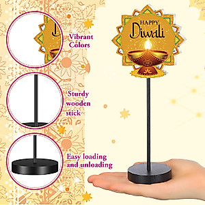 Wonderjune 6 Pcs Happy Diwali Wooden Table Topper Tall Standing Diwali Wood Table Decoration Happy Diwali Wooden Sign Porch Tabletop Decor Detachable Centerpiece Party Supplies (Multicolor,India)