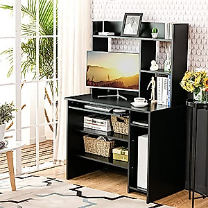 Tangkula Computer Desk with Hutch, Home Office Desk with Keyboard Tray & CPU Stand, Space Saving Study Writing Desk with Storage Bookshelves, Desk Workstation with Hutch for Bedroom, Black