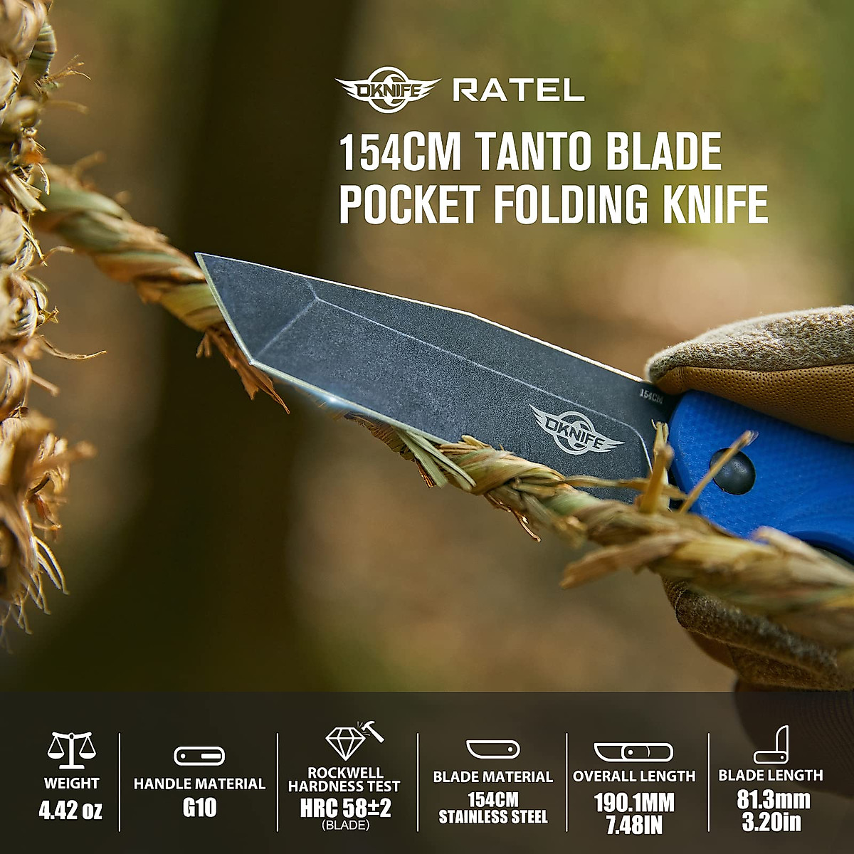 OKNIFE Ratel Folding Pocket Knife, EDC Knife with 154CM Stainless Steel 3.2" Tanto Blade and G10 Handle, Flipper Tab and Liner Lock, Carry Pocket Clip, for Outdoor, Camping, Survival