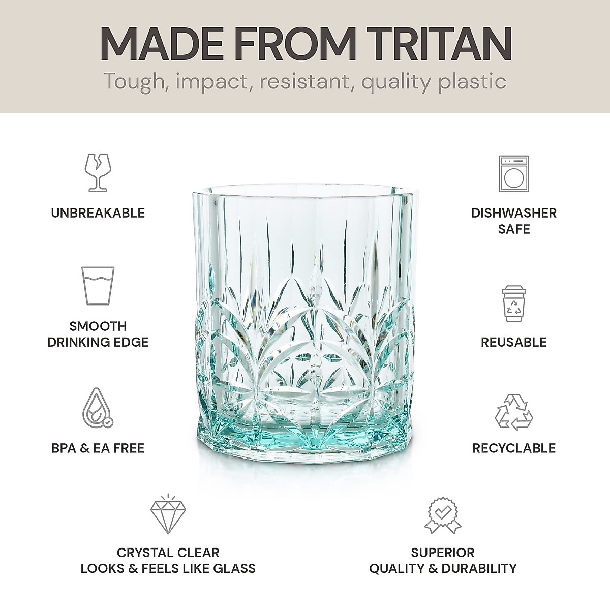 BELLAFORTE Shatterproof Tritan Plastic Short Tumbler, Set of 4, 13oz - Myrtle Beach Unbreakable Crystal Cut Old Fashioned Drinking Glasses for Whiskey - BPA Free - Dishwasher Safe - Teal
