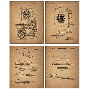 BigWig Prints Darts Patent Wall Art - Vintage Decor Poster Prints Featuring Dartboard and Dart Designs, Rustic Room Decorations for Bar, Game Room, or Man Cave - Unframed Set of 4 (8x10)