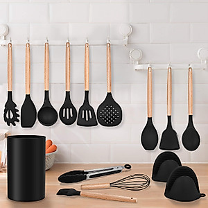 Homikit 25-Piece Kitchen Cooking Utensils Set with Holder, Silicone Spatula Spoon Ladle Turner Skimmer for Nonstick Cookware, Kitchen Tools Gadgets with Wooden Handle, Black