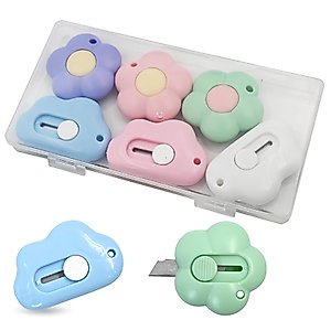 6 Pack Mini Box Cutter, Cute Letter Opener, Small Utility Knives, Retractable Paper Package Cutter Slice Safety, Aesthetic Office Supplies Stationary for Women Girls, Cloud and Flower Shape