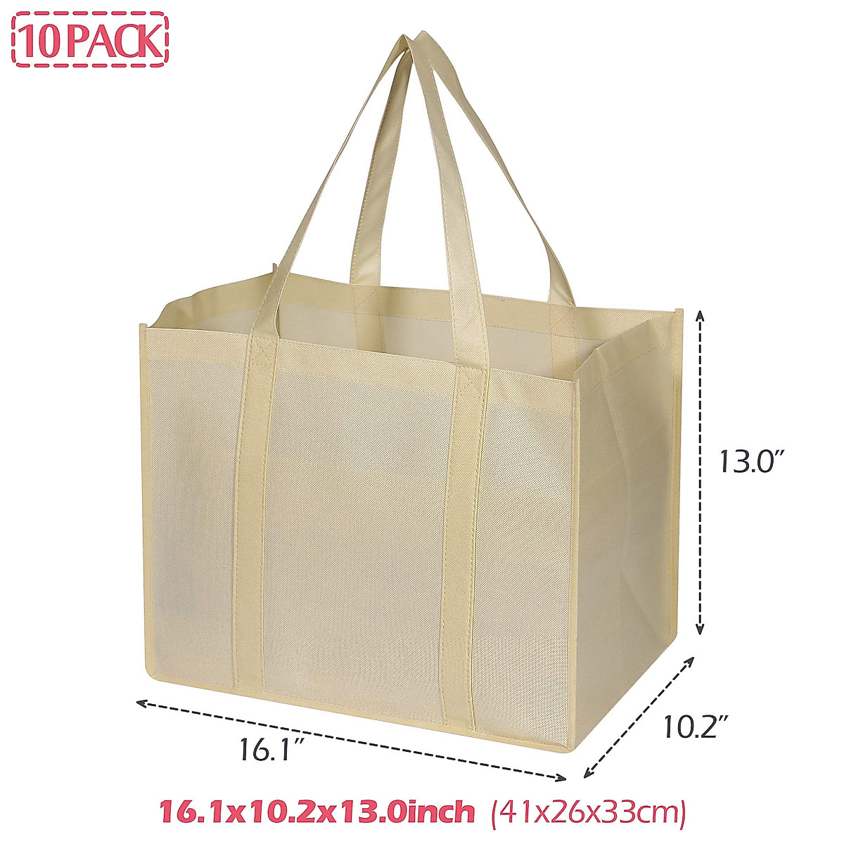 DIOMMELL 10 Pack Reusable Grocery Bags Extra Large Super Strong Heavy Duty Shopping Tote Bags with Reinforced Handles, Beige