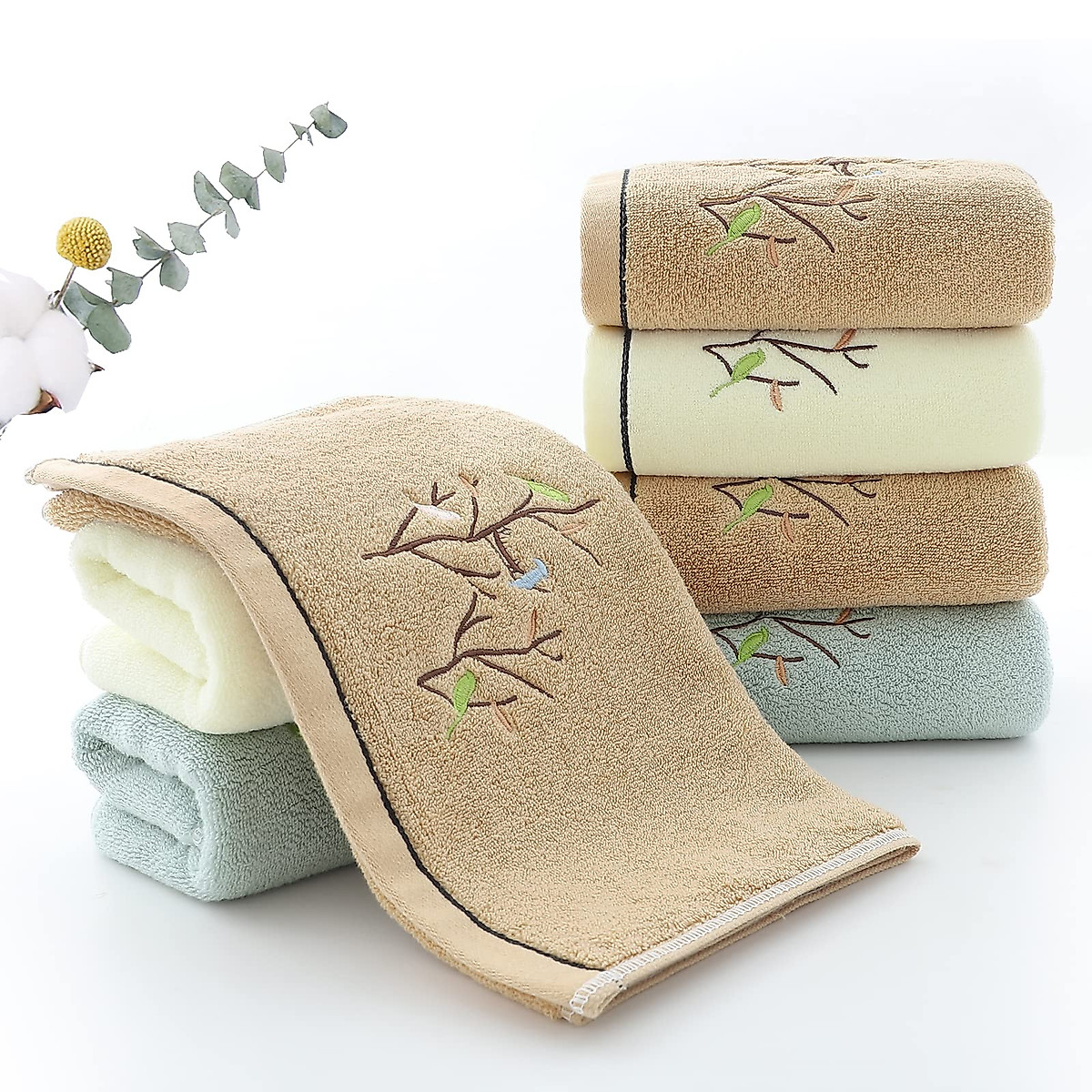 Pidada Hand Towels Set of 2 Embroidered Bird Tree Pattern 100% Cotton Absorbent Soft Decorative Towel for Bathroom (Brown)