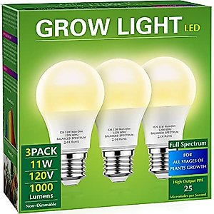 Briignite Grow Light Bulbs, LED Grow Light Bulb A19 Bulb, Full Spectrum Grow Light Bulb, Plant Light Bulbs E26 Base, 11W Grow Bulb 100W Equivalent, Grow Light for Indoor Plants, Seed Starting, 3Pack