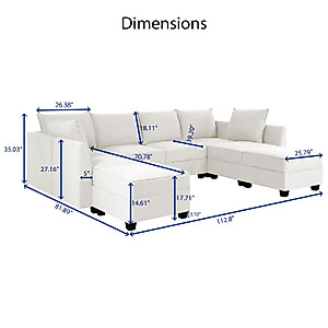 Naomi Home Elizabeth Oversized Sectional Sofa with Chaise Modern Sleeper Modular Sofa Couch U Shaped Sofa Sectional for Living Room - L Shaped Couch, Modular Sofa - White