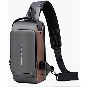 Anti theft Crossbody Sling Bag ,Waterproof Chest Daypack with USB Charging, Shoulder Backpack for Men Women (Brown and Gray)