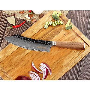 YOUSUNLONG Butcher Knife 8" Cimitar Hybrid Cleaver Japanese Hammered Damascus Steel Natural Walnut Wooden Handle