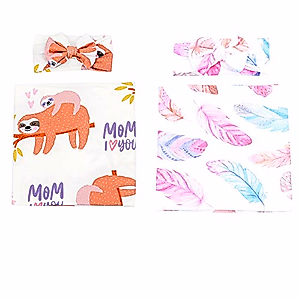 Newborn Receiving Blanket Headband Set - Unisex Soft Baby Swaddle Girl Boy Gifts (Feather+Sloth)