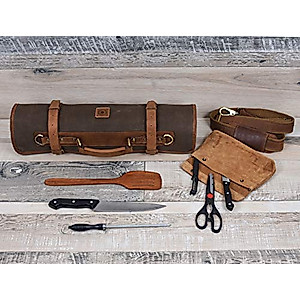 Aaron Leather Goods Leather Knife Roll With Storage Bag, Elastic and Expandable 10 Pockets, Adjustable/Detachable Shoulder Strap, Travel-Friendly Chef Knife Case (Green, Canvas)