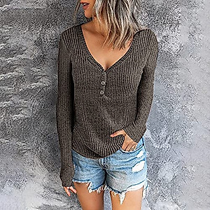 Women's Casual Solid Color Ribbed Top Long Sleeve V-Neck Pullover Knit Shirt Comfy Buttons Slim Workout Plain Blouses Khaki