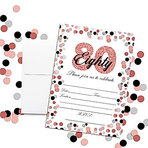 Amanda Creation Confetti Rose Gold Polka Dot 80th Birthday Party Invitations, 20 5x7 Fill-In Cards with Twenty White Envelopes